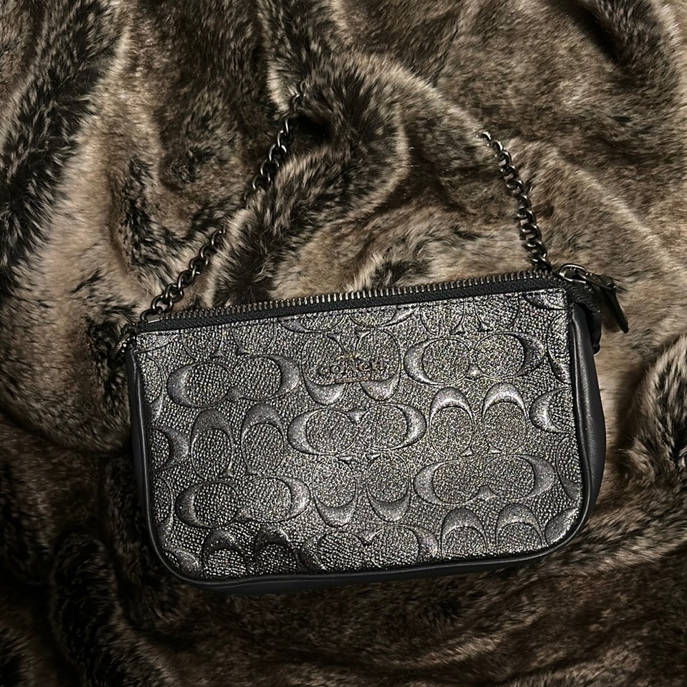 Coach Embossed Silver/Black Leather Wristlet Bag 8” X… - Gem